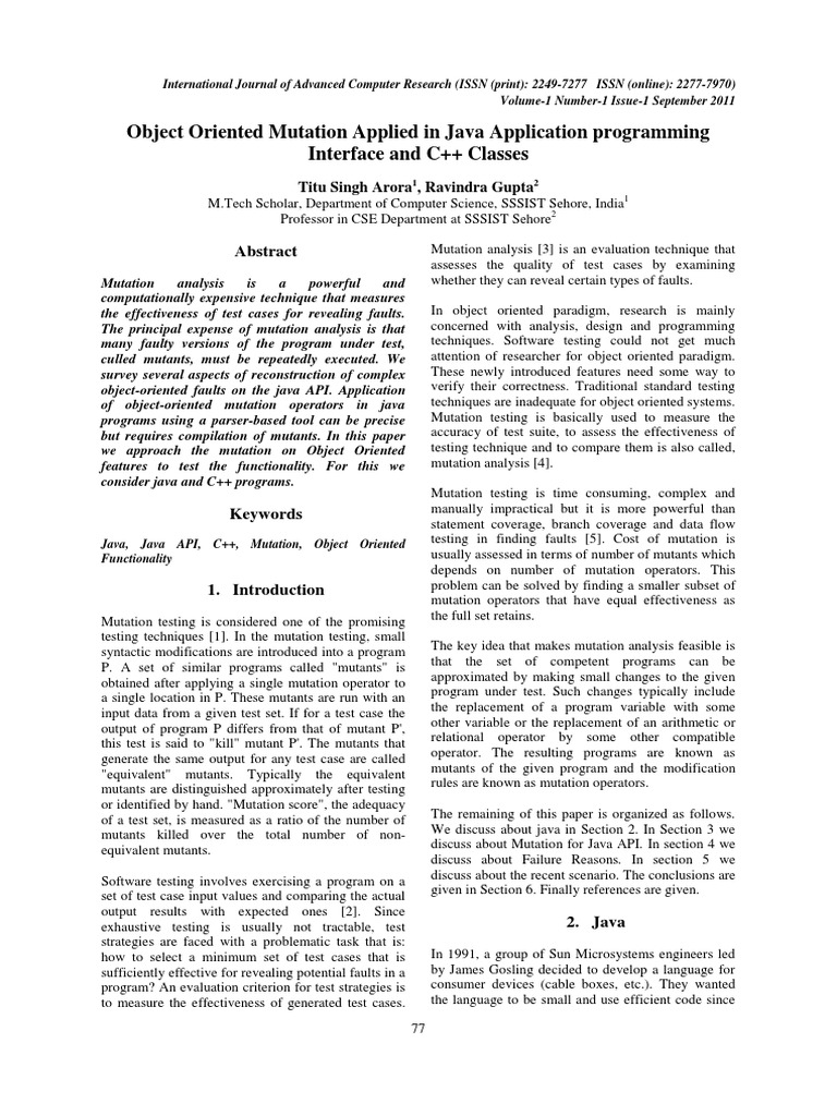 Object Oriented Mutation Applied In Java Application Programming Interface And C Classes Pdf