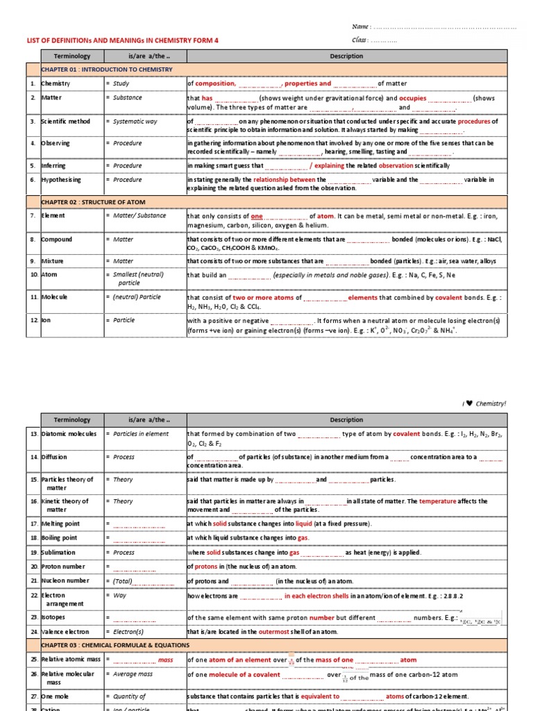 List Of Definition (template) In Chemistry F4 | Download Free Pdf 