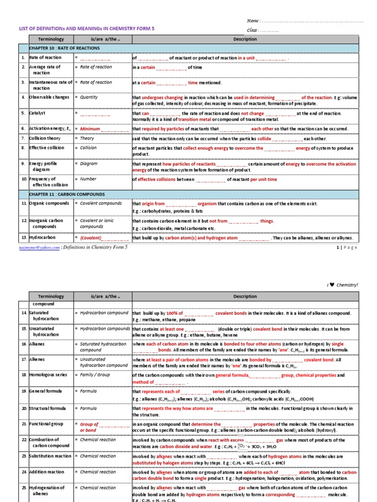 LIST OF DEFINITION (Template) IN CHEMISTRY F5 | PDF | Redox | Alkene