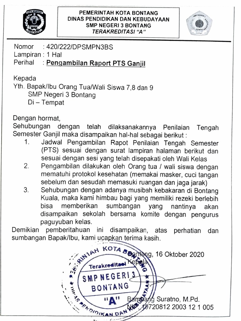 Surat Edaran Pengambilan Rapot PTS | PDF
