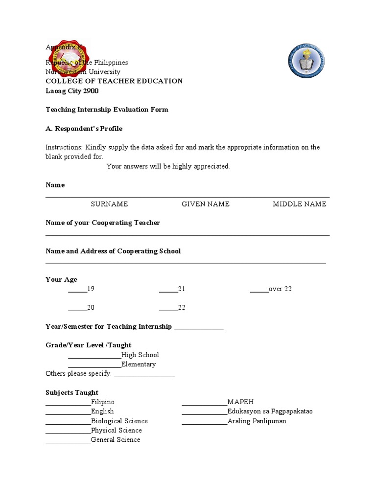 Teaching Internship Evaluation Form | PDF | Teachers | Education Theory