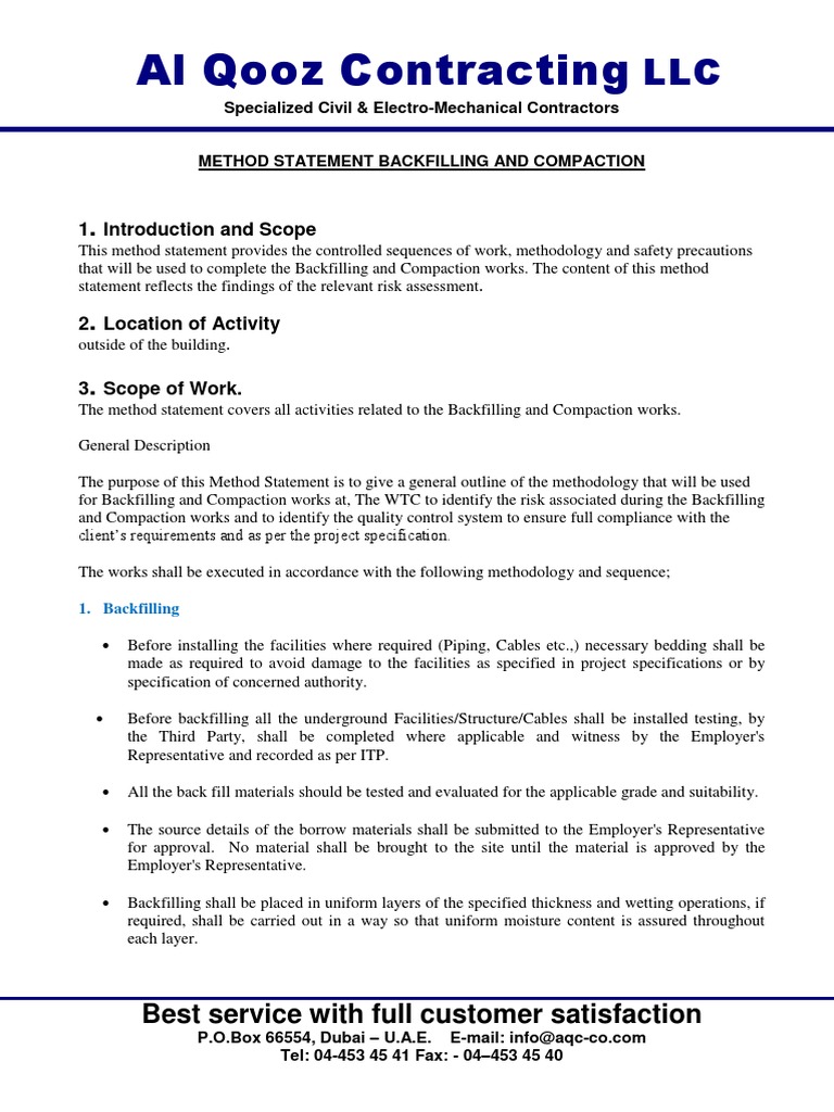 3.method Statement Backfilling and Compaction | PDF | Specification (Technical Standard) | Safety