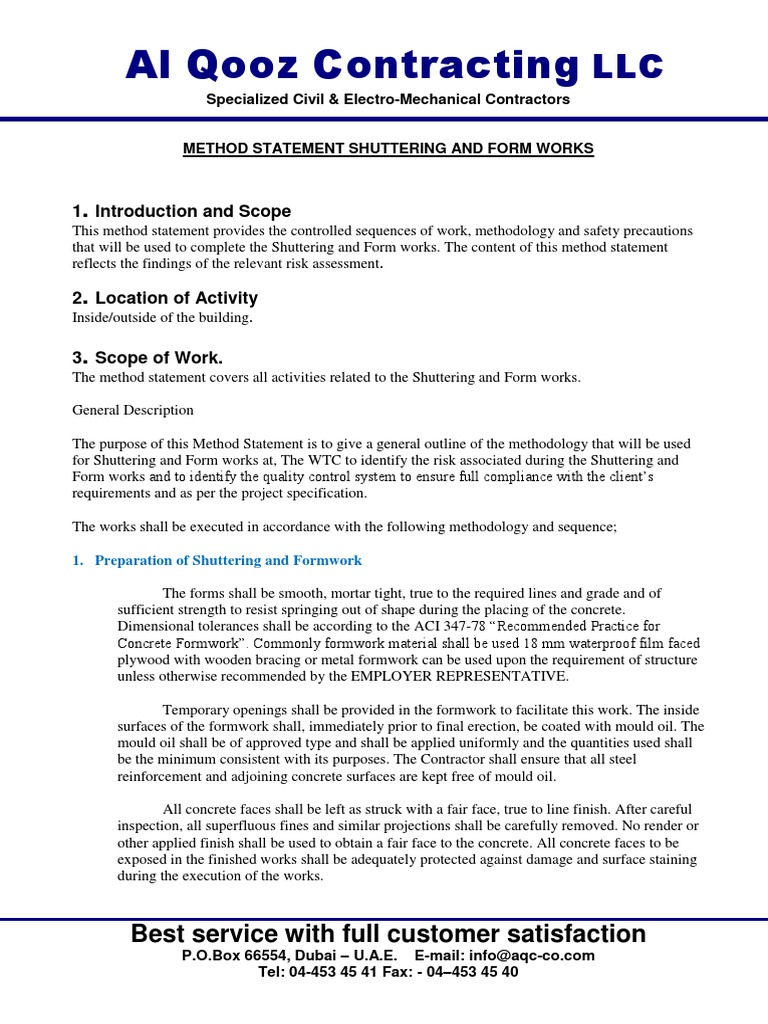 5.method Statement Shuttering and Form Work | Download Free PDF ...