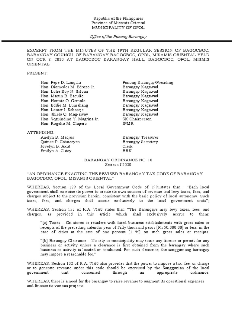 Barangay Tax Code Sample | PDF | Revenue | Taxes Barangay Tax Code Sample | PDF | Revenue | Taxes