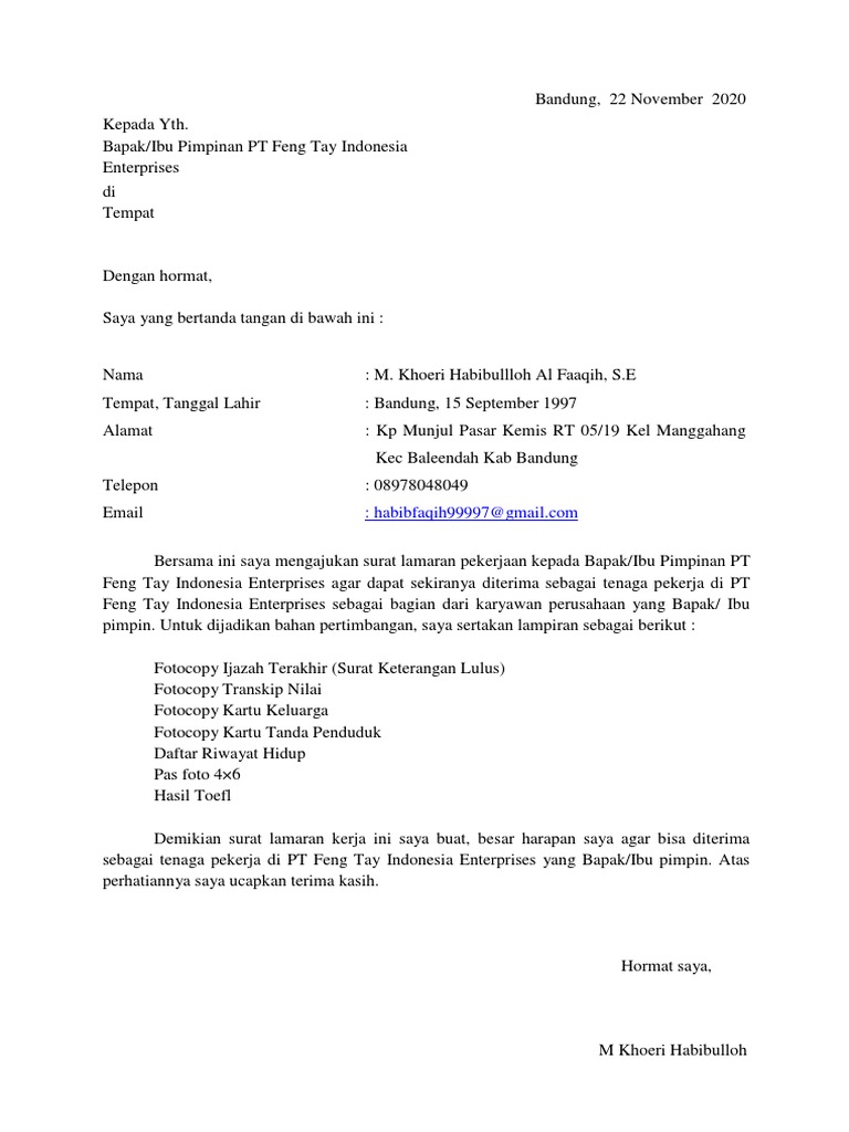 Surat Lamaran PT Feng Tay Indonesia Enterprises | PDF