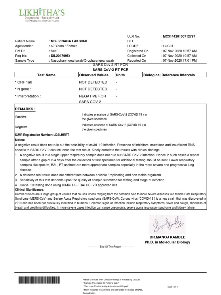 Sars Cov-2 RT PCR Test Name Observed Values Units Biological Reference ...