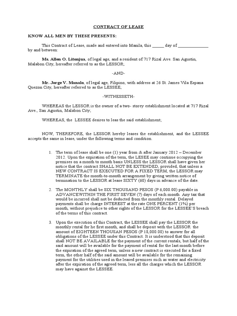 Contract of Lease. Tupe | PDF | Lease | Contract Law