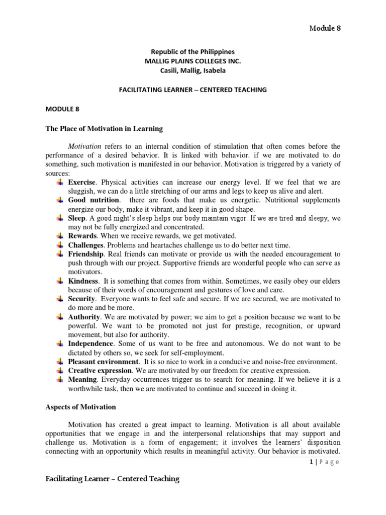 Module 8 - Facilitating Learner - Centered Teaching | PDF | Motivation ...
