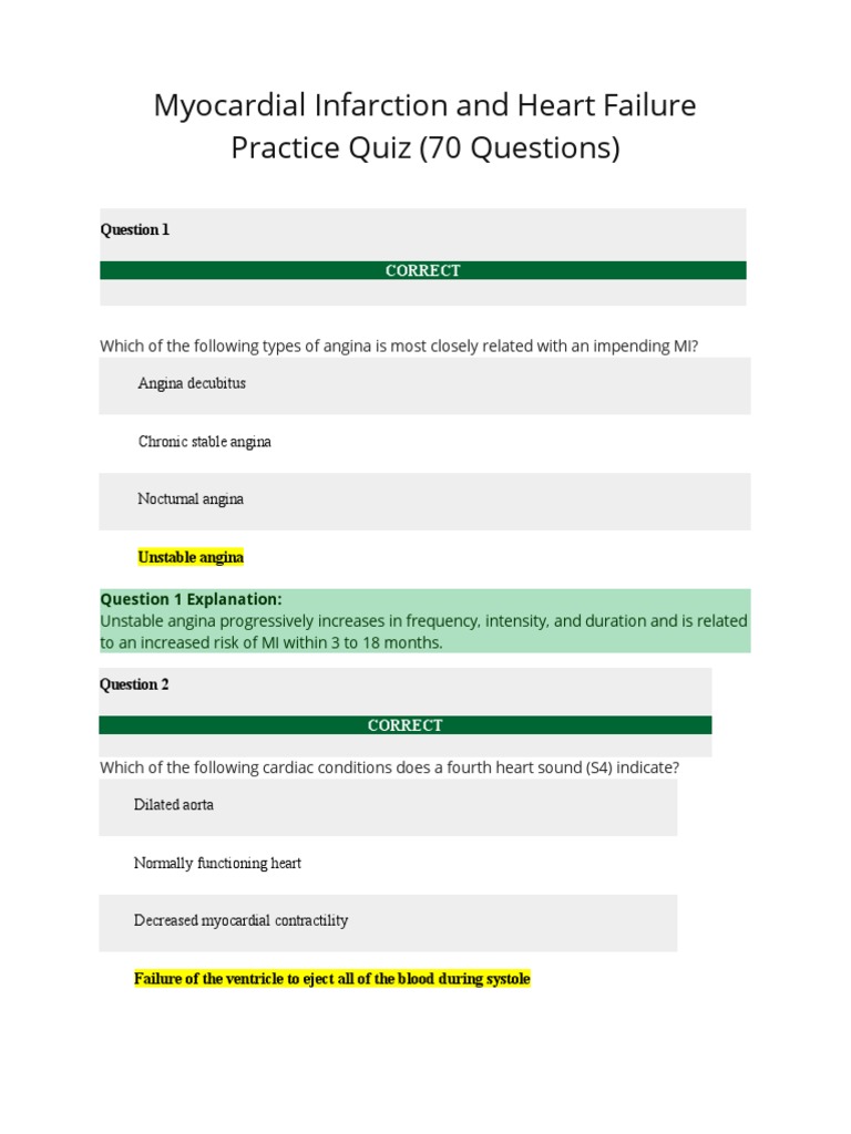 Myocardial Infarction and Heart Failure Practice Quiz (70 Questions ...