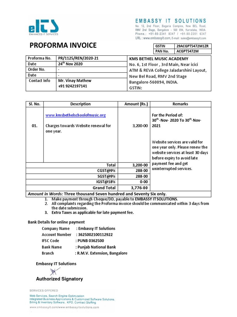 Proforma Invoice: Kms Bethel Music Academy | PDF | Services (Economics ...