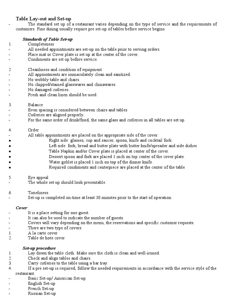 Table Lay-Out and Set-Up | PDF | Waiting Staff | Restaurants