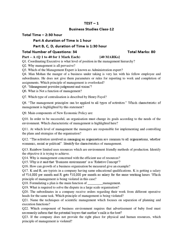 XII Business Studies Mid Term Test 1 | PDF | Economies | Business