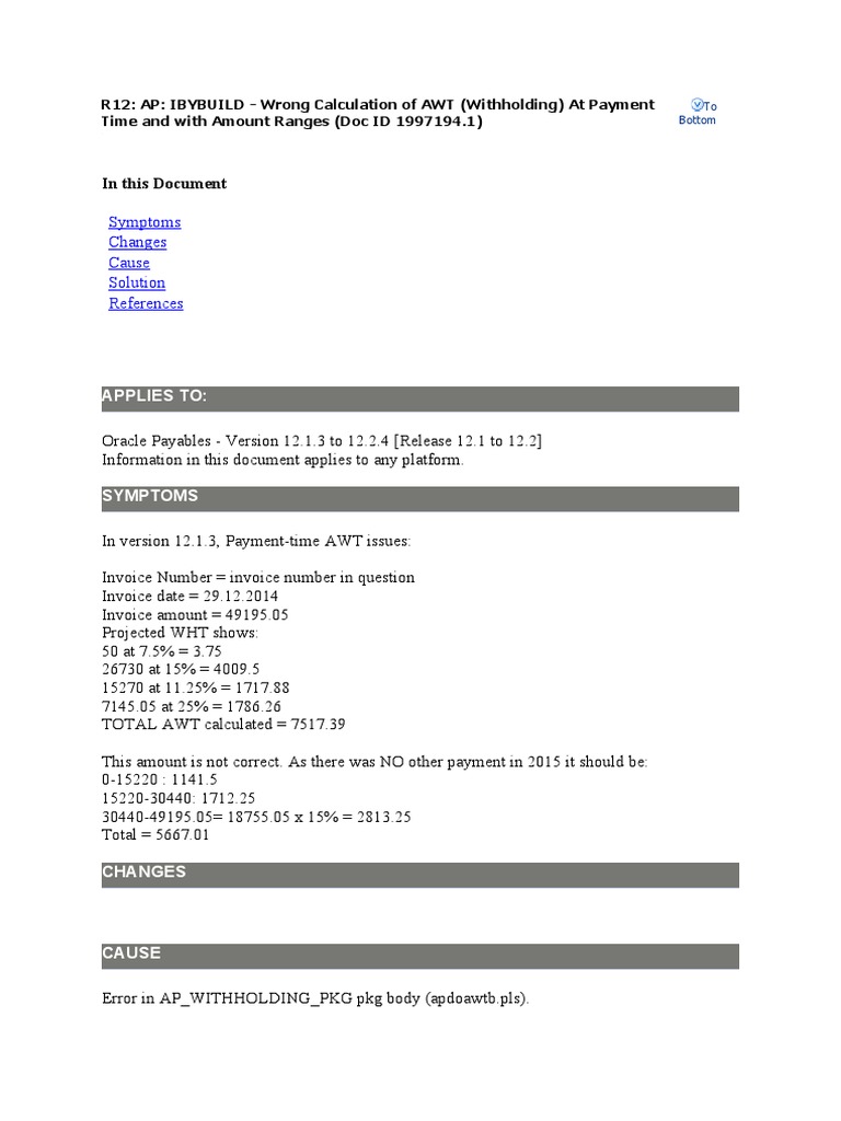 R12 Wrong Calculation of AWT at Payment Time and With Amount Ranges (Doc ID 1997194.1) | PDF ...