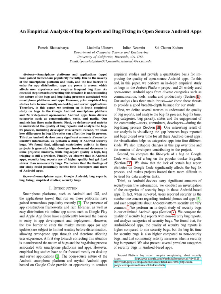An Empirical Analysis of Bug Reports and Bug Fixing in Open Source Android Apps | PDF | Mobile ...