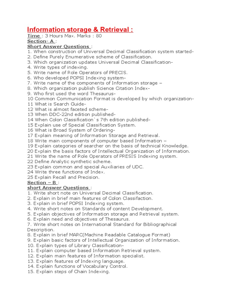 Information Storage & Retrieval:: Time: 3 Hours Max. Marks: 80 Section ...