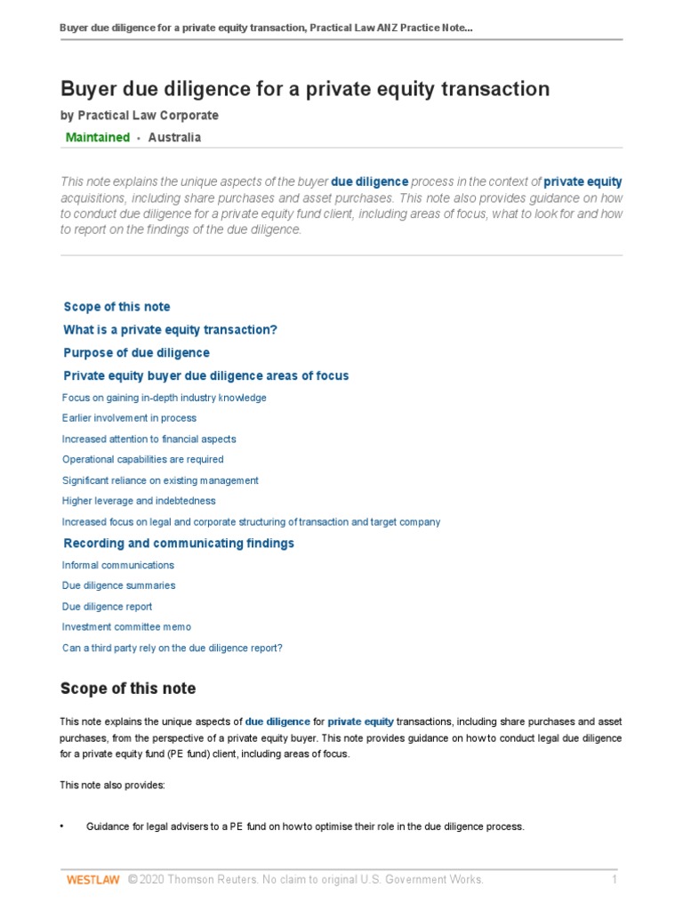 Buyer Due Diligence For A Private Equity Transaction | PDF | Due ...