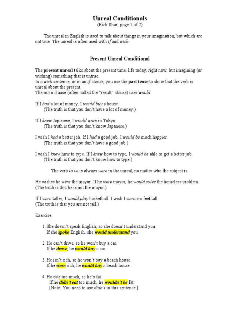 Unreal Conditionals Exercise | PDF | Verb | Grammar