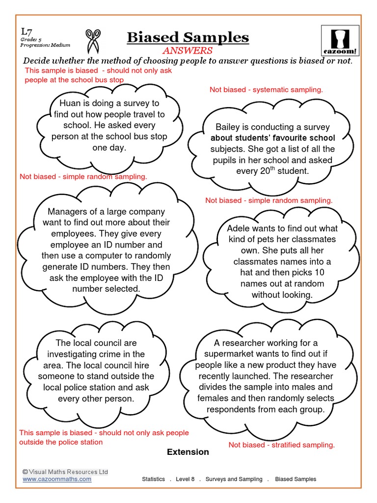 Statistics. Level 8. Surveys and Sampling. Biased Samples. ANSWERS ...