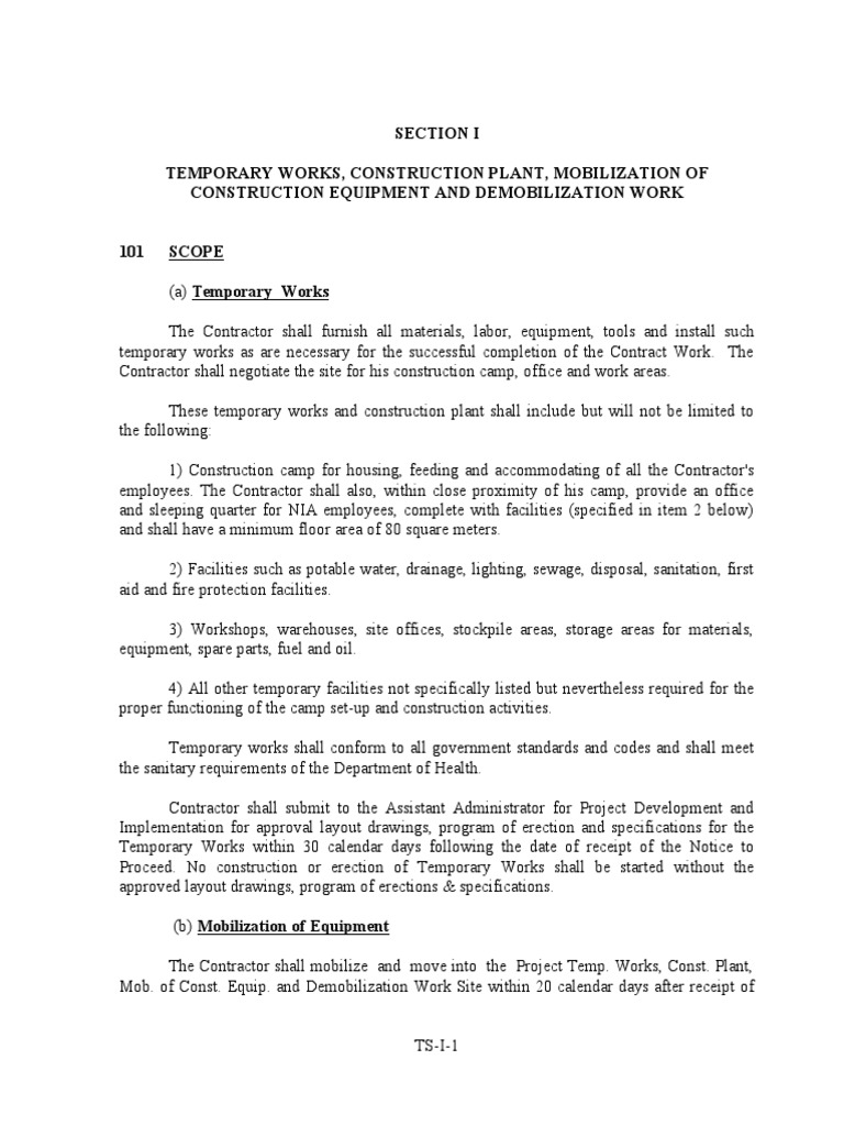 Section I Temporary Works, Construction Plant, Mobilization of ...