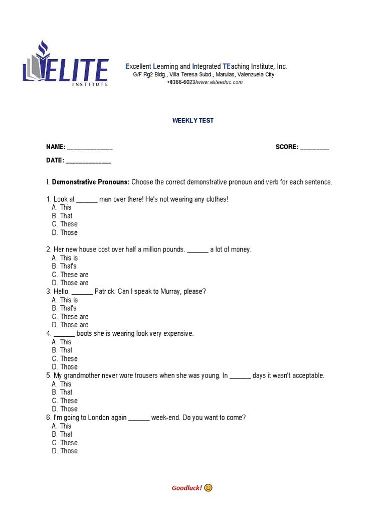 Grammar and Writing Test | PDF | Syntax | Clothing