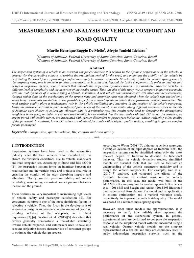 Measurement and Analysis of Vehicle Comfort and Road Quality Using a ...