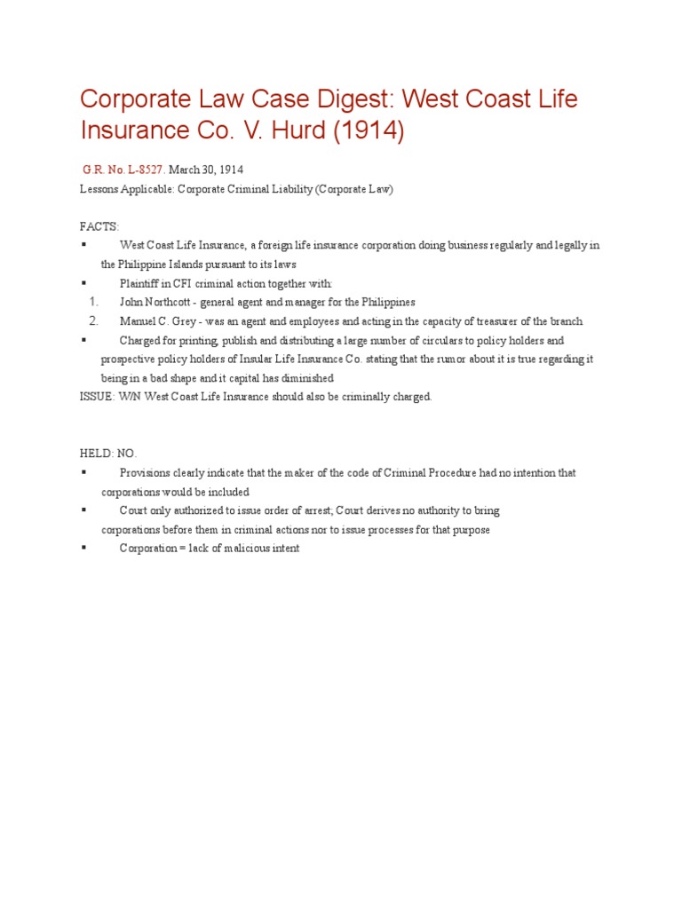 Corporate Law Case Digest: West Coast Life Insurance Co. V. Hurd (1914 ...