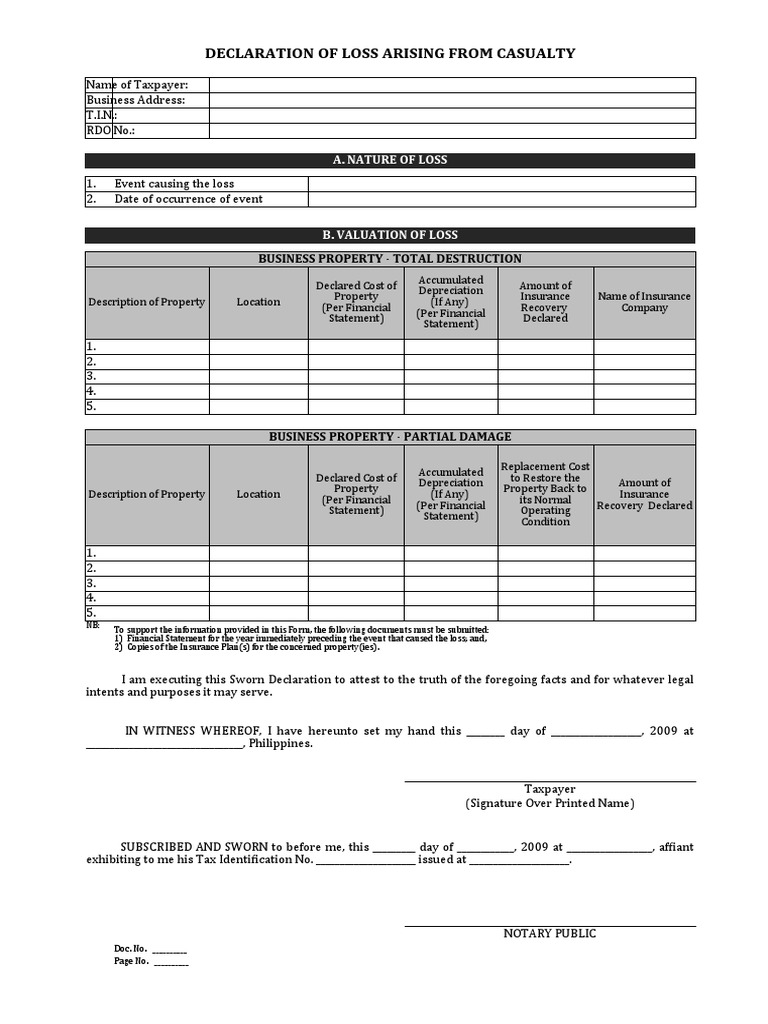 Casualty Loss Declaration Form | PDF | Payments | Government Finances