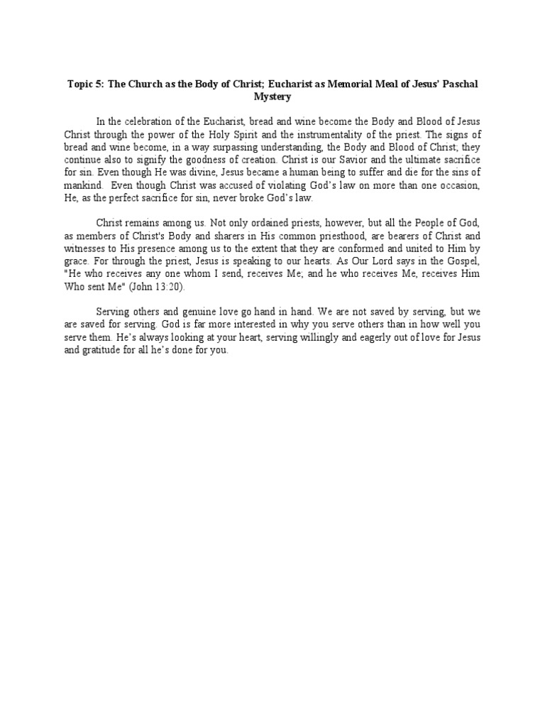 Topic 5: The Church As The Body of Christ Eucharist As Memorial Meal of ...