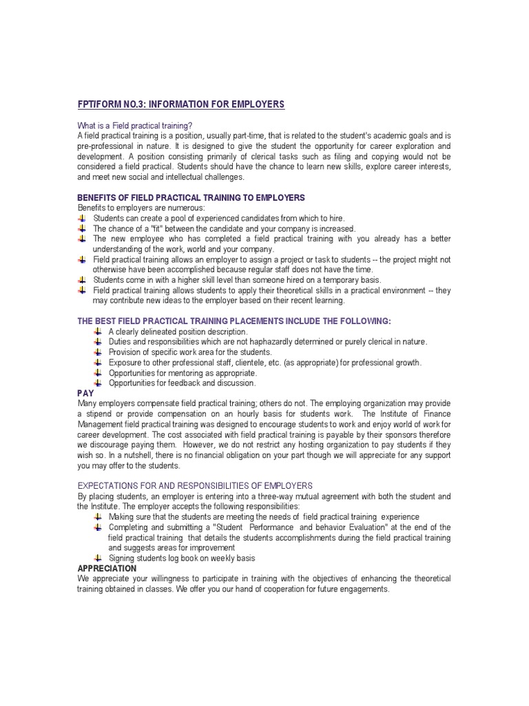 Fpt/Form No.3: Information For Employers: What Is A Field Practical Training? | PDF | Employment ...