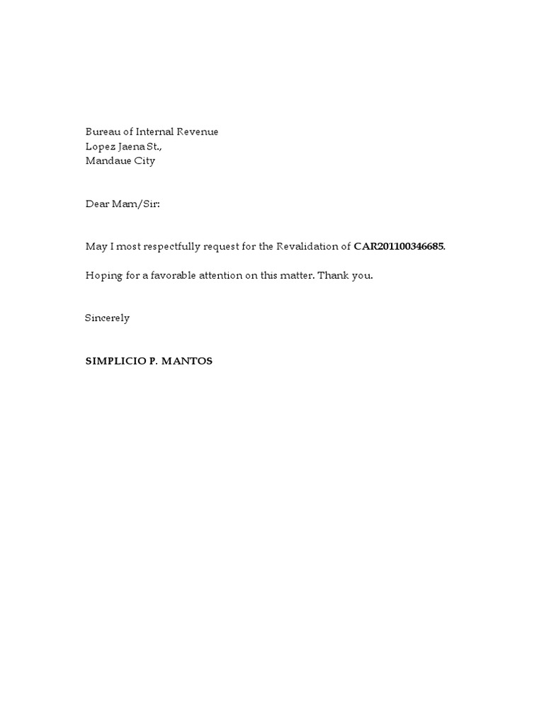 Letter Request-BIR CAR Revalidation | PDF