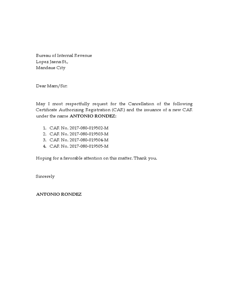 Letter Request-BIR CAR - Rondez | PDF | Business | Finance & Money ...