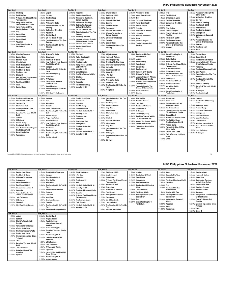 HBO Philippines Schedule November 2020 | PDF