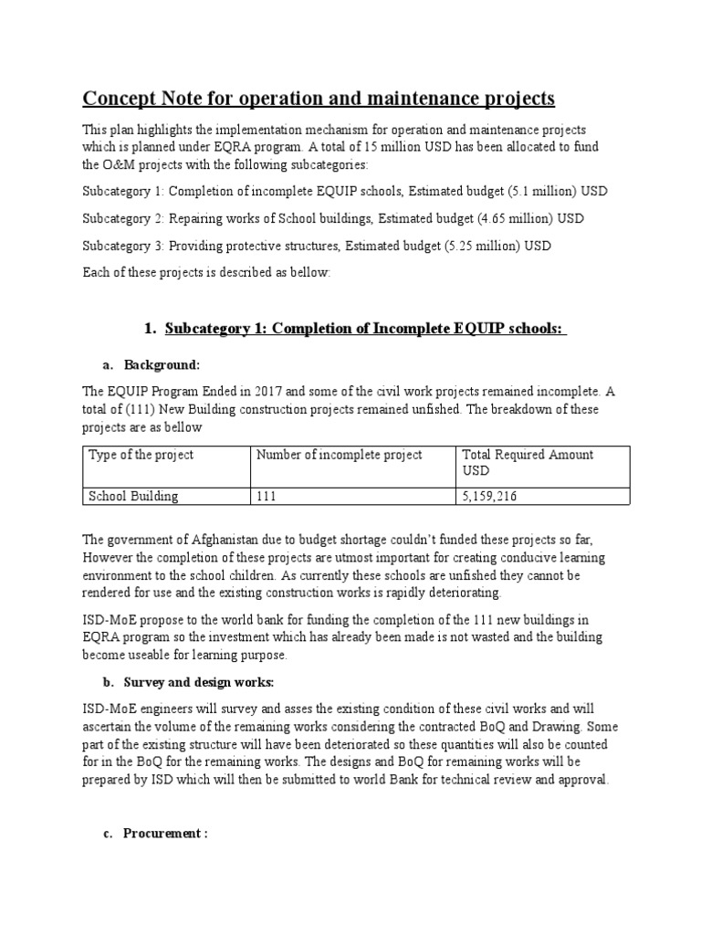 Concept Note For Operation and Maintenance Projects | PDF | Procurement ...