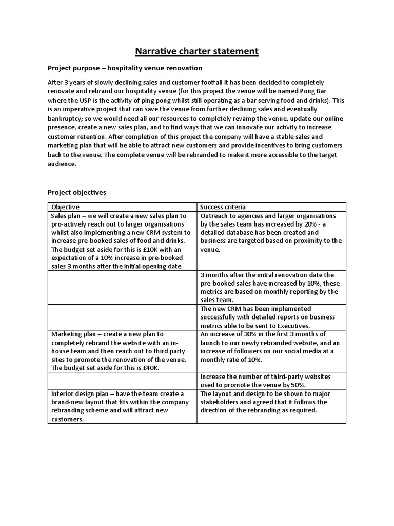 Narrative Charter Statement: Project Purpose - Hospitality Venue Renovation | PDF | Customer ...
