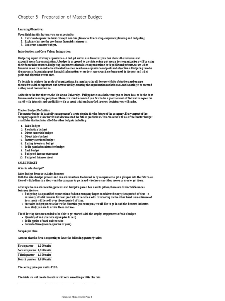 Chapter 5 - Preparation of Master Budget: Learning Objectives | PDF ...