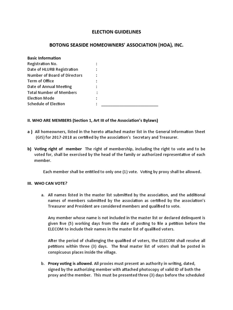 Election Guidelines Botong Seaside Homeowners' Association (Hoa), Inc | PDF | Elections | Proxy ...