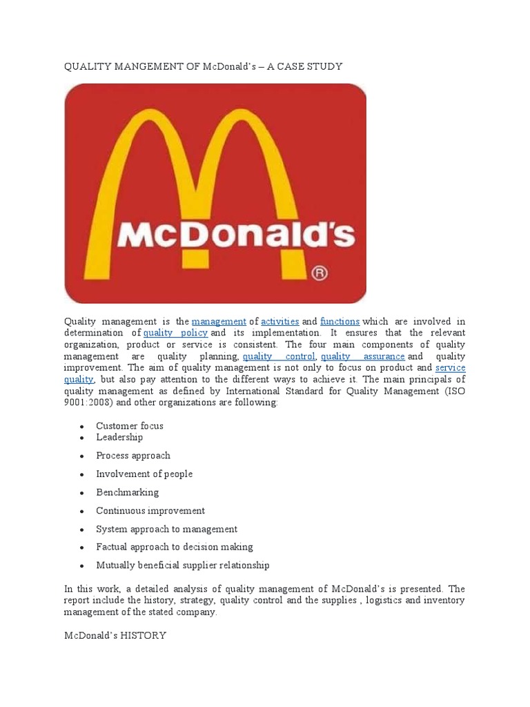 QUALITY MANGEMENT OF McDonald - Case Study | PDF | Mc Donald's | Quality Management