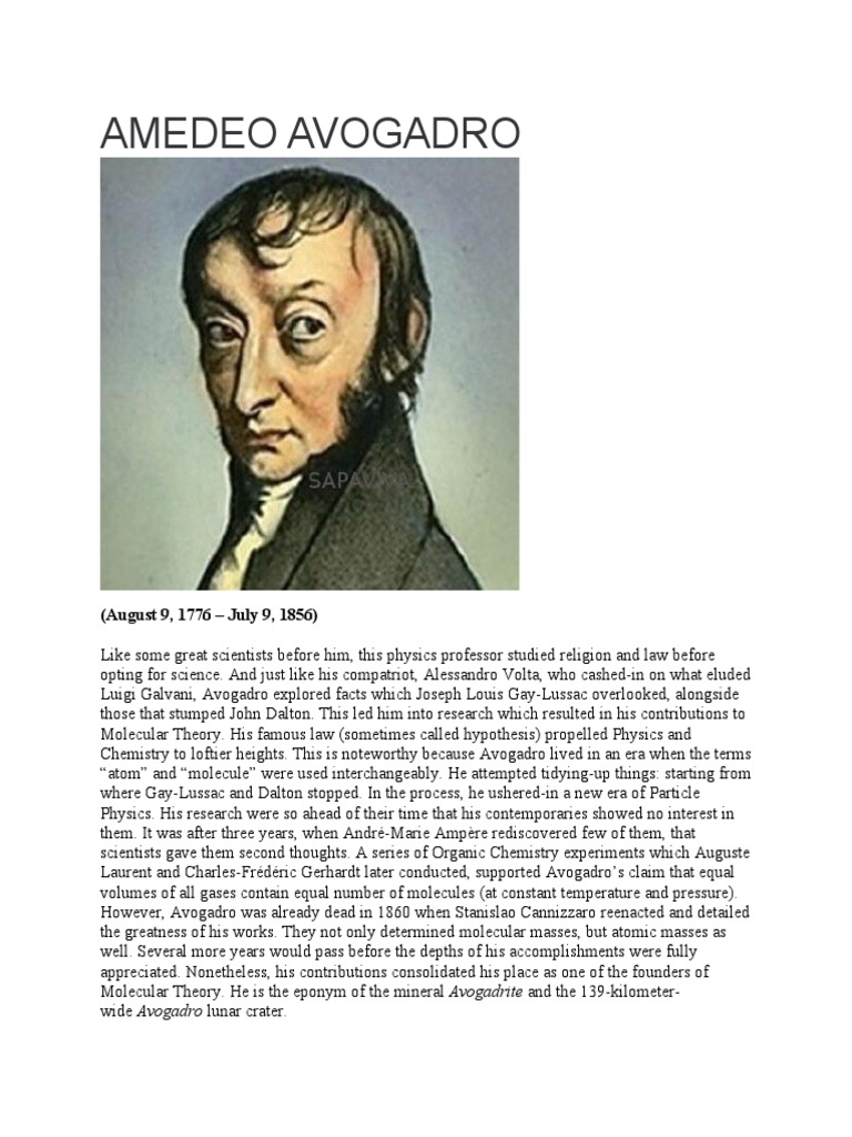 Amedeo Avogadro: The Founder of Molecular Theory Whose Contributions ...