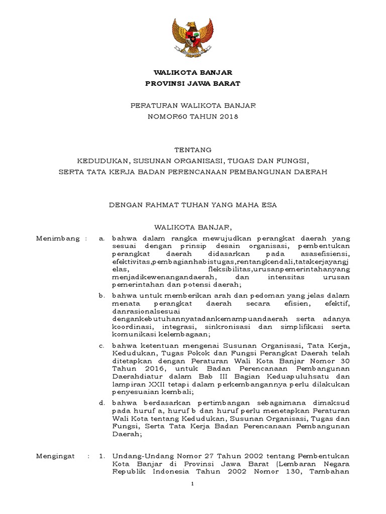 Perwal Nomor 60 Tahun 2018 TTG Kedudukan Tugas Dan Fungsi Bappeda | PDF