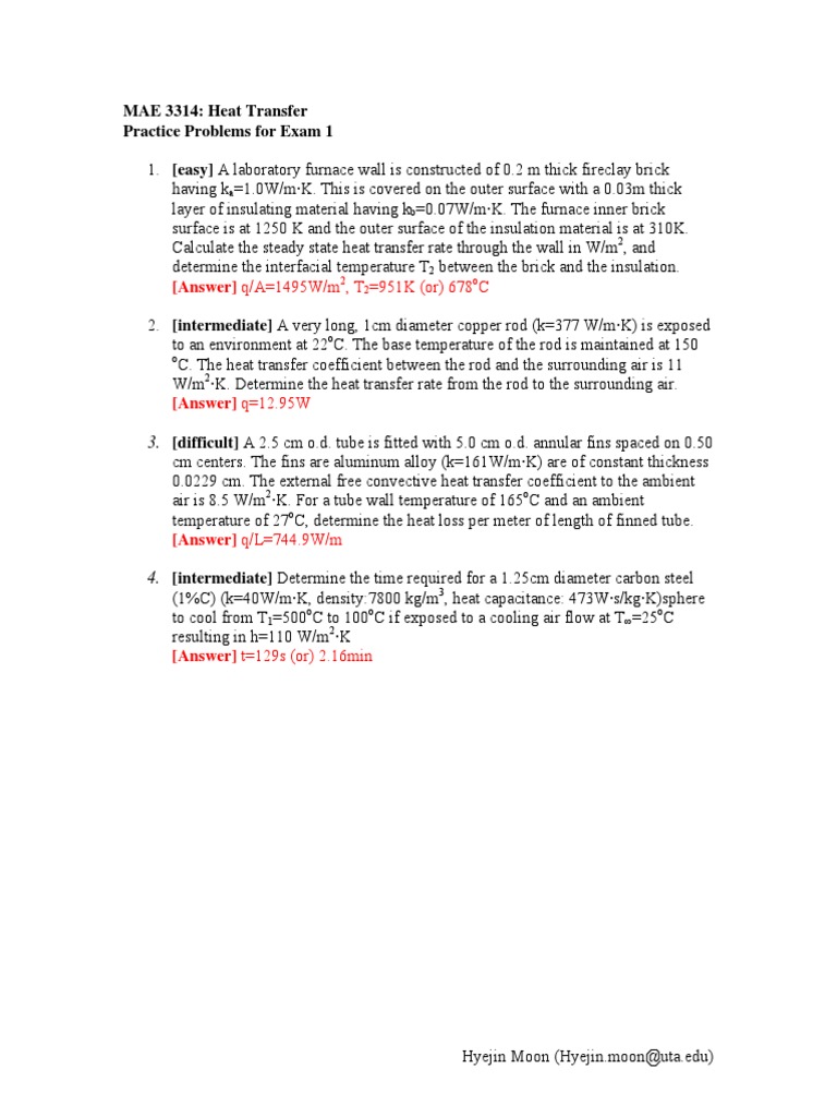 MAE 3314: Heat Transfer Practice Problems For Exam 1: (Answer) Q/a ...