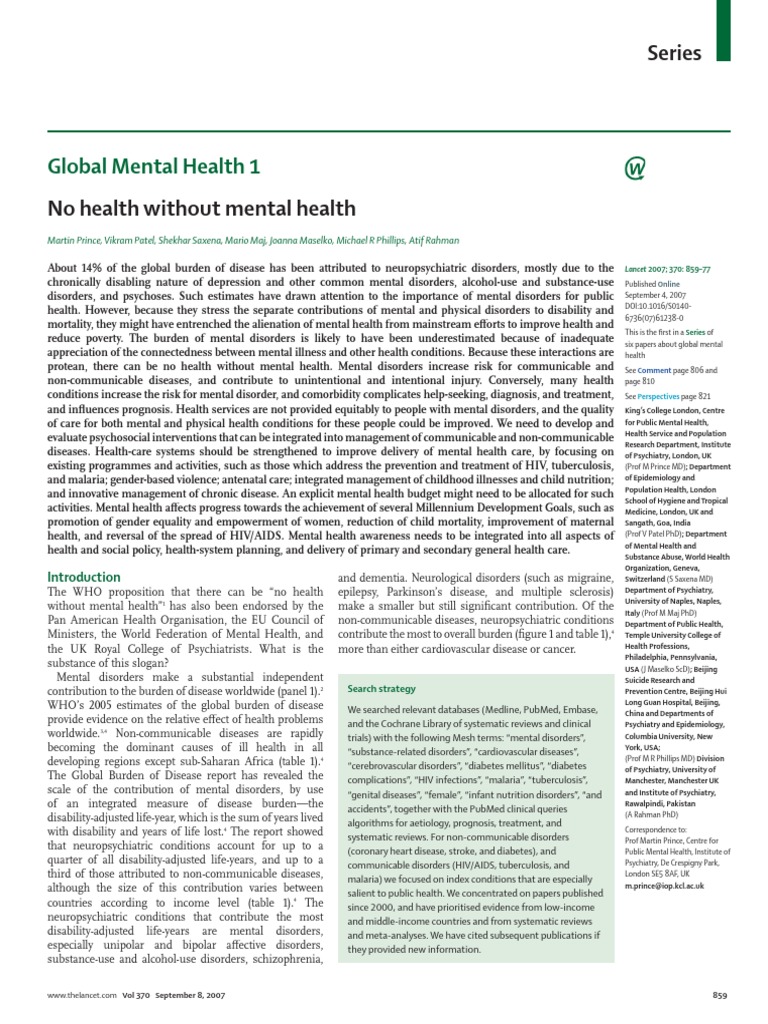 No Health Without Mental Health PDF | PDF | Mental Disorder | Major ...