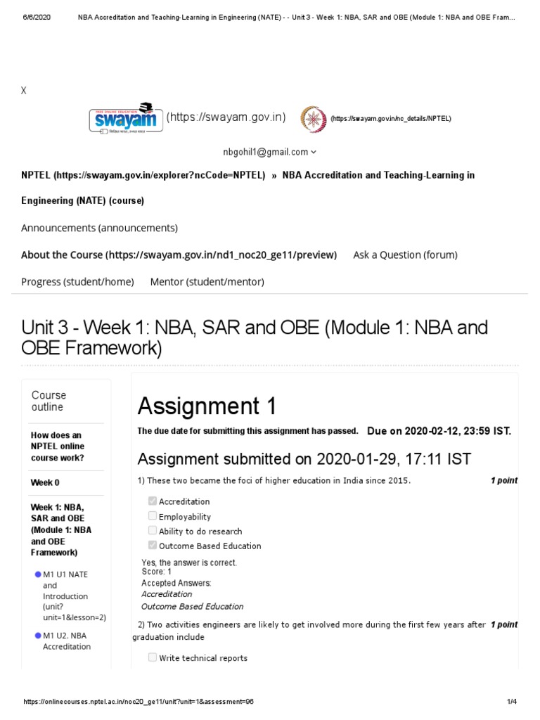 Assignment 1: Unit 3 - Week 1: NBA, SAR and OBE (Module 1: NBA and OBE Framework) | PDF ...