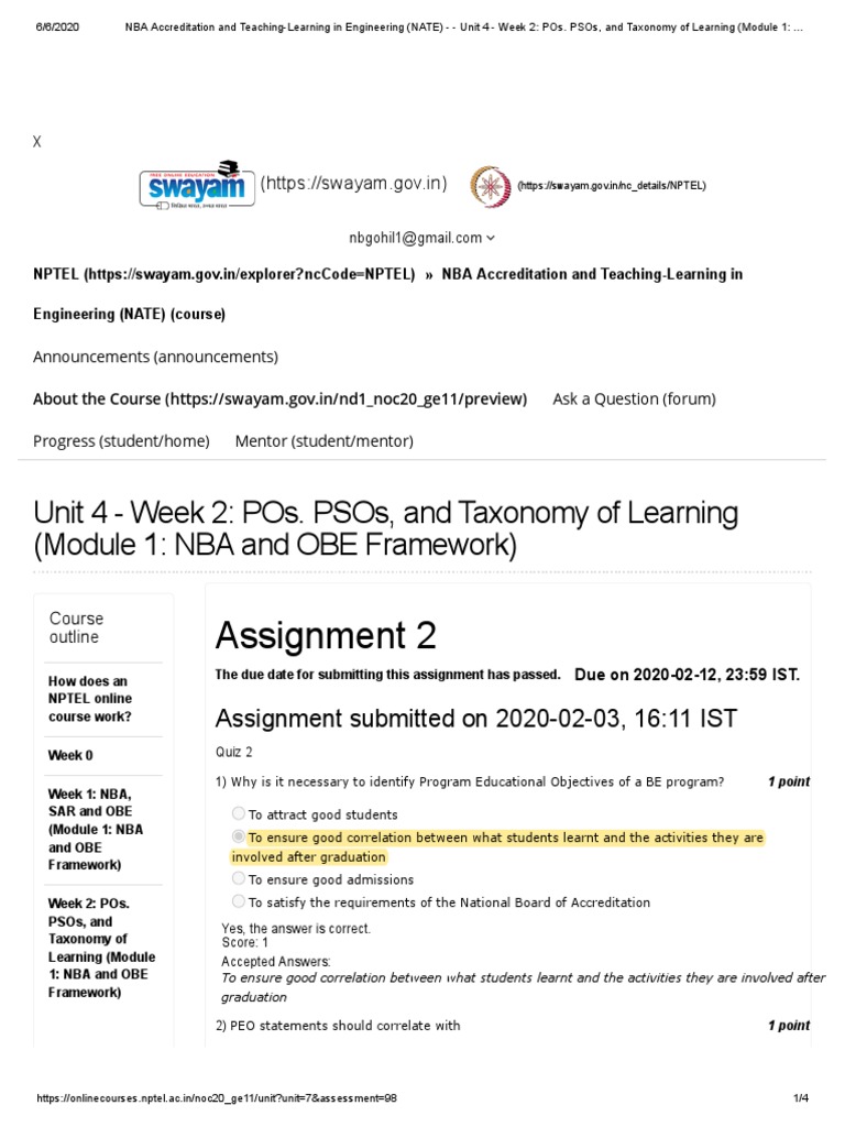 Assignment 2: Unit 4 - Week 2: Pos. Psos, and Taxonomy of Learning (Module 1: Nba and Obe ...