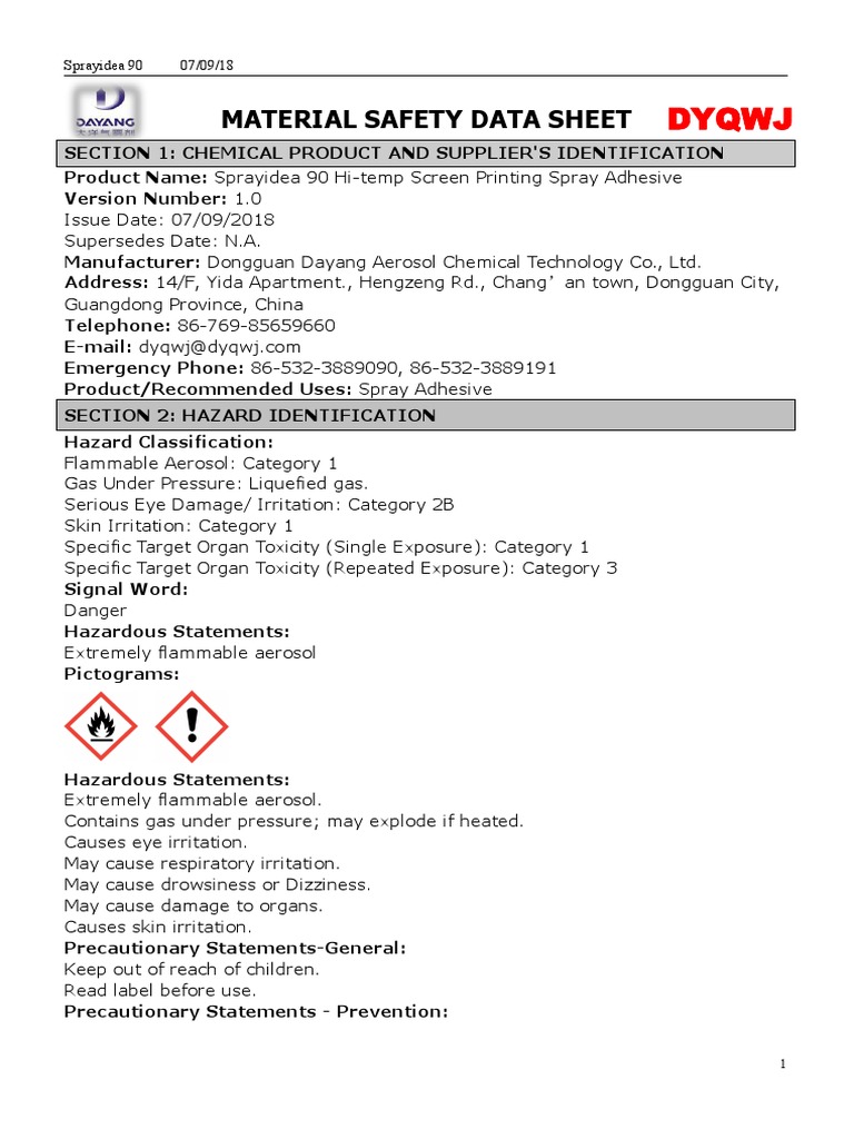 Sprayidea 90 Hi-Temp Screen Printing Spray Adhesive - MSDS | PDF ...