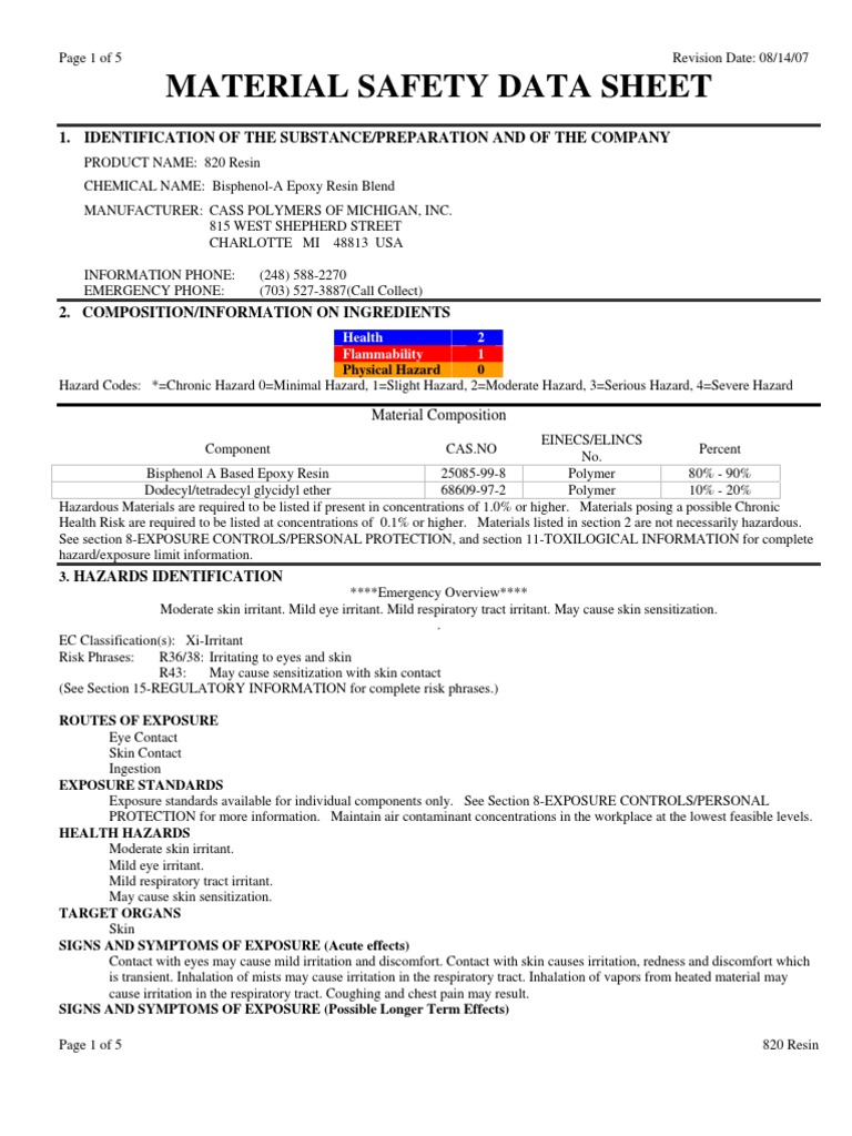 MSDS for 820 Epoxy Resin | PDF | Firefighting | Toxicity