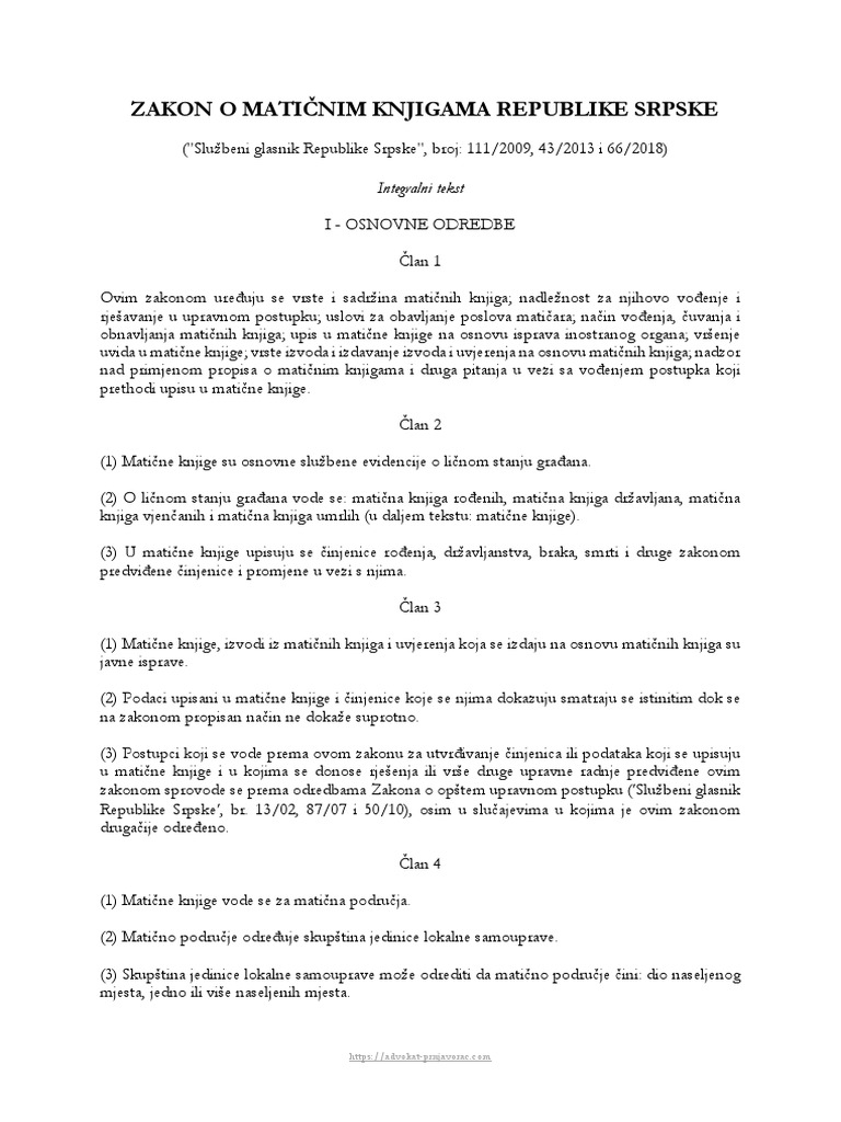 Zakon o Maticnim Knjigama Republike Srpske | PDF