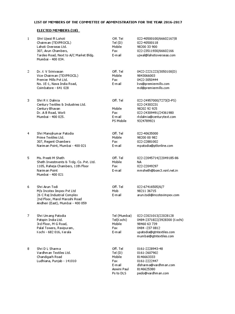 List of Members of The Committee of Administration For The Year 2016 ...