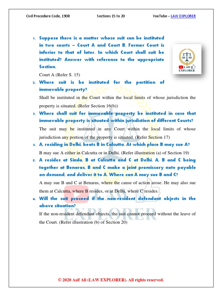 One Liners - CPC (Section 15 To 20) | PDF