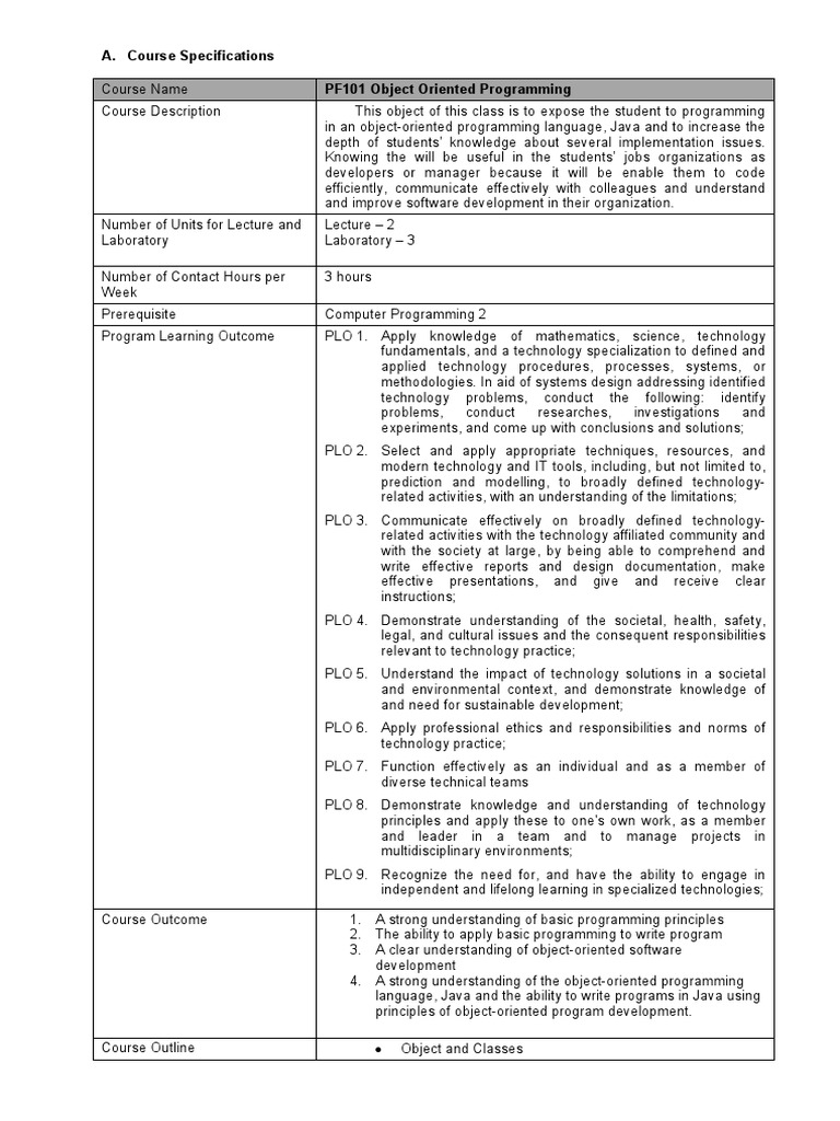 A. Course Specifications PF101 Object Oriented Programming | PDF | Object Oriented Programming ...