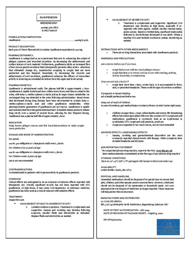Guaifenesin Elixir PACKAGE INSERT | PDF | Dose (Biochemistry) | Chemistry